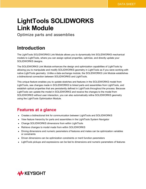 LightTools SOLIDWORKS Link Module PDF Asset Page | Keysight